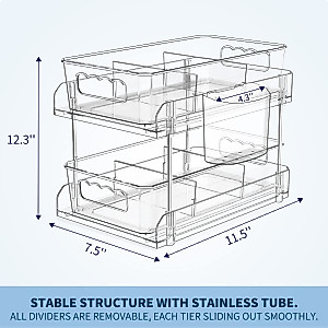 2 Tier Clear Organizer with Dividers, Pantry Organization and Storage Multi Purpose Slide-Out Bathroom Organizer, Kitchen Pantry Medicine Cabniet Bins, Under Sink Organizers and Storage, 2 Pack