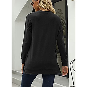 Aloodor Black Sweatshirt for Women Long Sleeve V-Neck Pullover Shirts Casual Fall/Winter Tops L