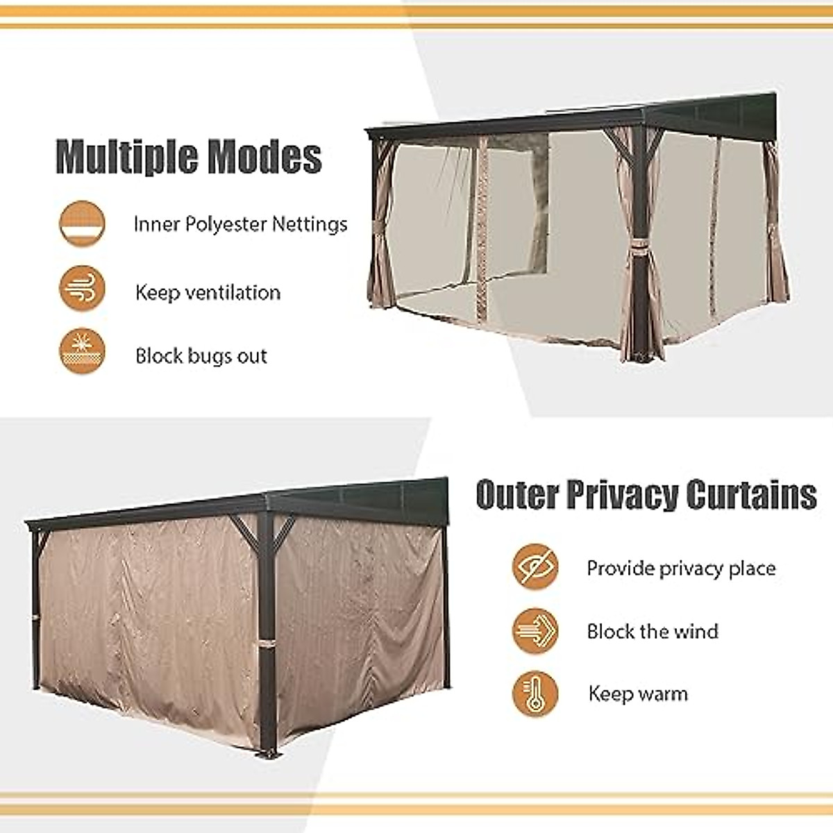 Domi Outdoor Living 10' x 12' Hardtop Gazebo with Aluminum Frame, Wall Mounted Gazebo Galvanized Steel Roof Sloping Pergola with Curtains and Netting for Patio Deck Backyard Lawn Party