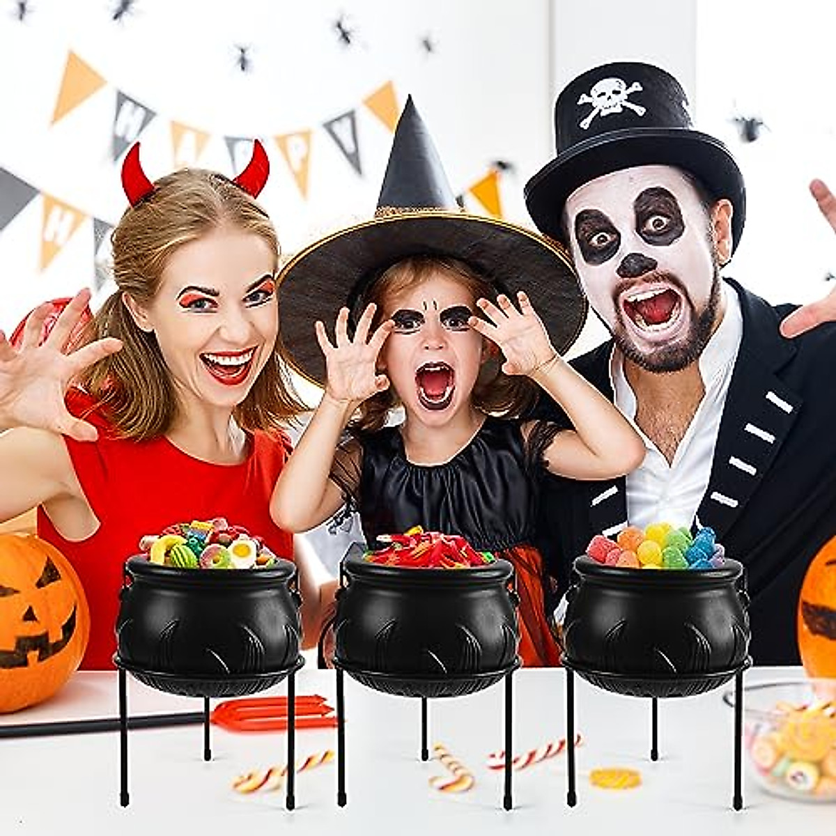 Rocinha Halloween Party Decoration, 3 Pcs Witches Cauldron Serving Bowls on Iron Stand, Black Plastic Hocus Pocus Candy Bucket for Halloween Party Indoor Outdoor Home Kitchen Decorations