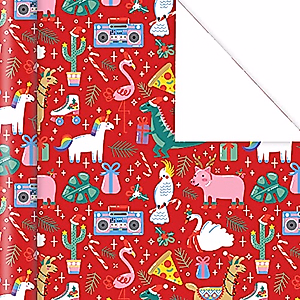 Birthday Gift Wrapping Paper Christmas for Kids Girls Boys 4 Sheets,28 x 20 Inch Per Sheet, Animal Xmas Pattern Folded Flat Red Gift Wrap for 1st Birthday Party Baby Shower Holiday Kindergarten and More