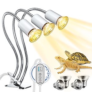 TFNN 2023 Upgrade Reptile Heat Lamp, Three Head Reptile Light with Cycle Timer,UVA UVB light, dimmable Basking lamp for Tortoise, Bearded Dragon, Lizard, Snake, E26/27 Base with 4 Bulbs (50W)-White