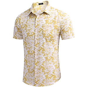COOFANDY Mens Short Sleeve Button Up Shirt Summer Beach Linen Shirts Floral Palm