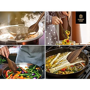 Earthy Chef wooden utensils for cooking - Premium teak kitchen utensil set - Incl. utensil holder and hanging hooks - 9-piece cooking spoon set - Non scratch & Food-grade material