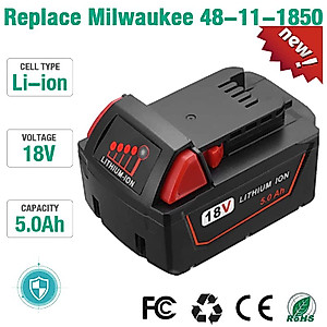 CELL9102 Replacement 2PACKS M18 Battery and Charger Combo for Milwaukee 18V 48-11-1850 Battery and Battery Charger 48-59-1812, Capacity Output 5.0Ah