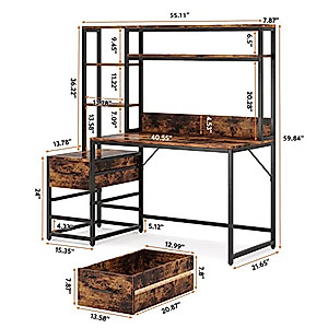 Tribesigns 55 Inch Computer Desk with 2 Drawers and Storage Shelves, Rustic Office Desk with Hutch, Study Writing Gaming Table Laptop Workstation for Home Office (Brown)