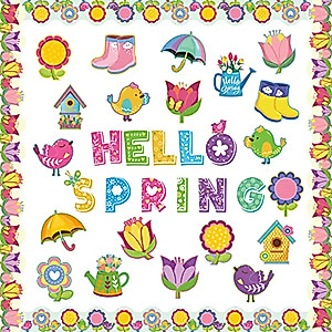 67 Pcs Hello Spring Cutouts, Spring Bulletin Board Decoration Set Flower Accents DIY Paper Cutouts with 100Pcs Glue Points Seasonal Classroom Decor for School Kindergarten Spring Party Supplies
