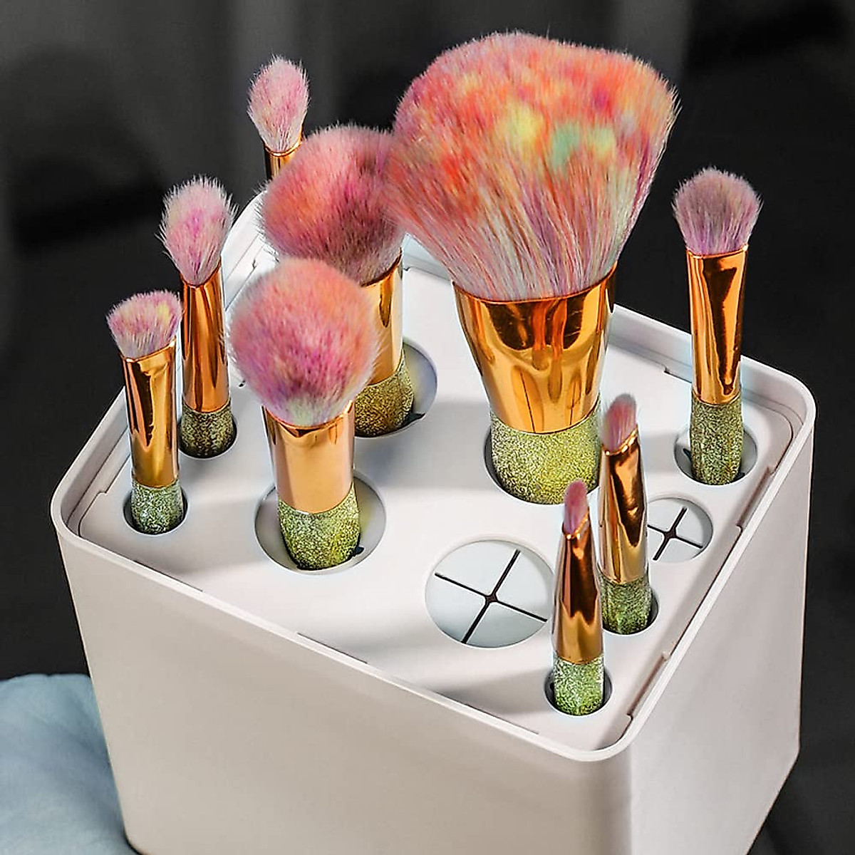 Make-Up Brush Holder,Brush Drying and Storage Box with Lid, Acrylic Makeup Brush Air Drying Rack Holder Cosmetic Brush Organizer, Waterproof Dustproof Container 12 Holes for Different Brush
