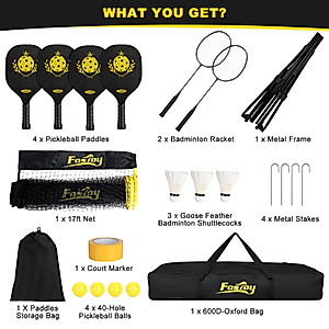 Fostoy Pickleball Set with Net, 17FT Portable Pickleball Net, 36-61in Adjusts All in one Pickleball Badminton Net Set with Pickleball Paddles and Badminton Rackets for All-Weather for Indoor Outdoor