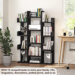 Aheaplus Bookshelf, Tree-Shaped Bookcase Storage Shelf with 13 compartments, Books Organizer Display Cube Shelves, Industrial Free Floor Standing Wood Open Bookshelves, Black