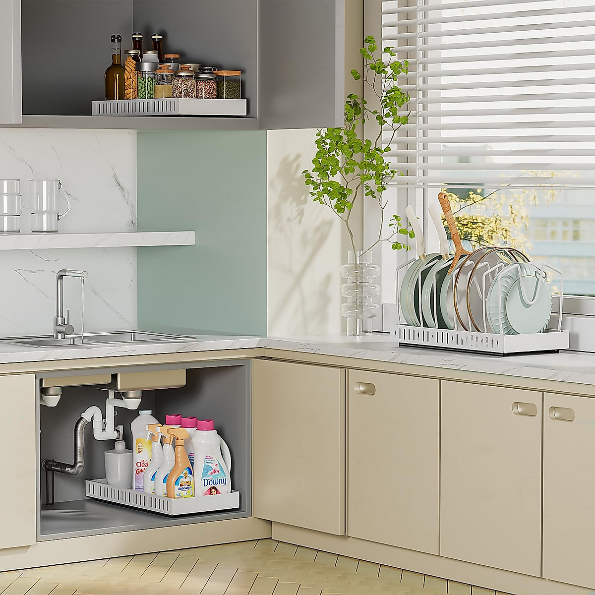 GoMaihe Pull-out Pots and Pans Organizer 2 Pack - Under Cabinet Pot Lid Holder for Kitchen - Bakeware & Dishes Storage Rack with Slide Rails - Multi-purpose Silde-out Drawer - Easy to Clean - White