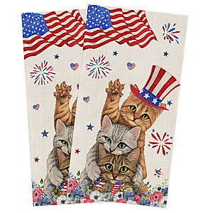 4th of July Kitchen Towels Set American Flag Cats Patriotic Hand Towel Poppy Hat Stripes Stars Dish Towel 2 Pack Absorbent Soft Dish Cloths Tea Towels for Summer BBQ Memorial Day Independence Day