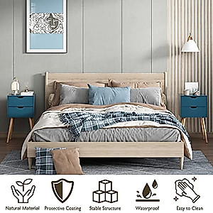 JAXPETY Nightstands Set of 2, Night Stand with Drawers, Bedside Tables with Solid Wood Legs and Large Storage Space, End Table, Side Table, for Bedroom, Blue