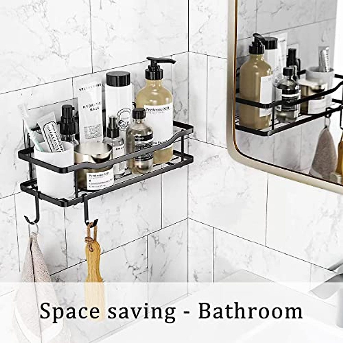 Bathroom Organizer Shelf Shower Caddy,No Drilling Adhesive Shelves Rustproof Sus304 Stainless Steel For Storage Organization,2 Pack With 4 Hooks,Matte Black Rack, SH-02