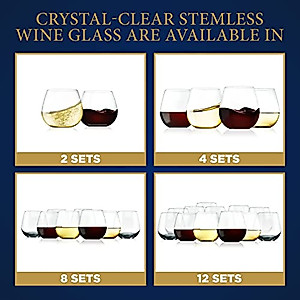 NutriChef 15oz Stemless Wine Glasses - Set of 2 Ultra Thin Elegant Red & White Wine Clear Crystal Glass Drinkware, Lead-Free, Hand Blown Seamless Bowl, Dishwasher Safe,