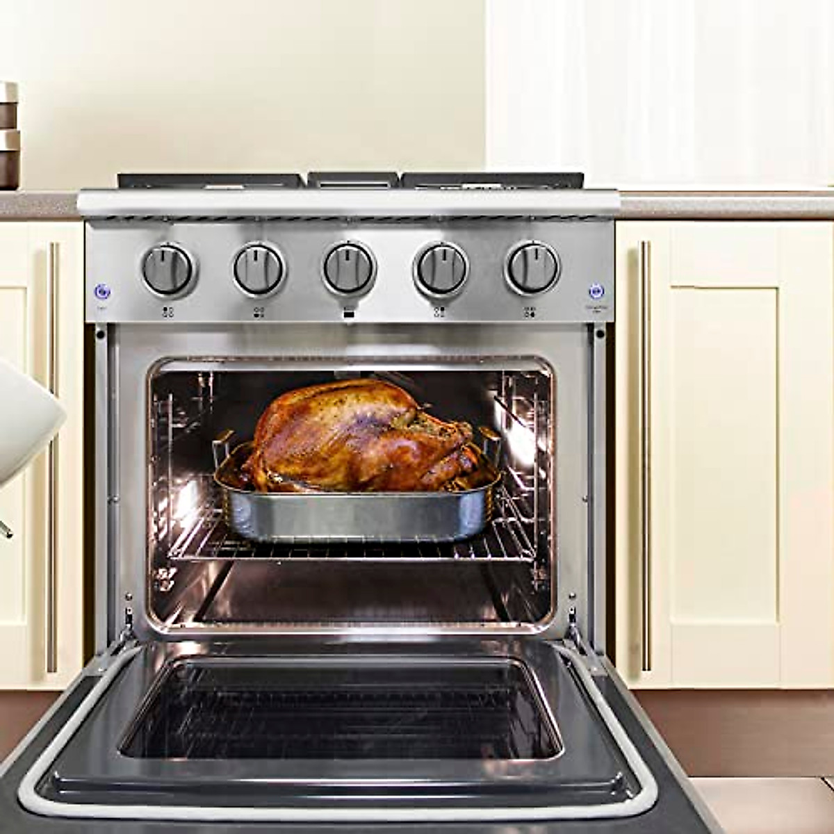 BRAMA Gas Range with 4 Burner Cooktop, Freestanding 30-Inch with Porcelain Convection Oven and Broil Function, Continuous Grates with Stainless Steel Construction, 4.2 Cu.Ft., Metallic