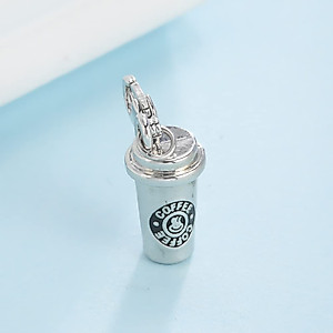 TEAMER Trendy Rhodium Plated 3D Coffee Cup Floating Lobster Clasp Charm Jewelry for Coffee Lovers (Silver - Coffee Cup)