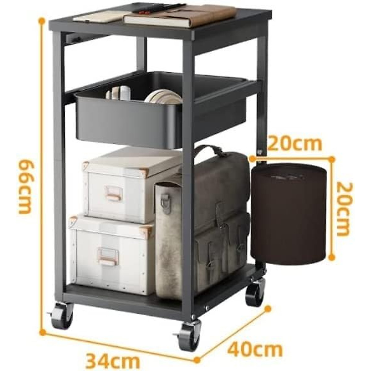 LOSTIS Storage Trolley Rolling Cart Utility Cart Metal Kitchen Storage Cart with Lockable Wheels and Trash Basket Rolling Cart Snack Storage Trolley Bedroom Kitchen Storage Cart Rolling Storage Cart