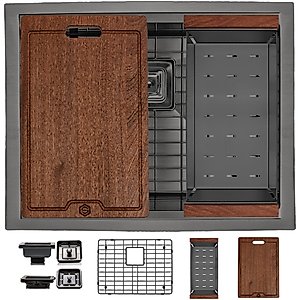 Strictly Sinks Undermount Workstation Kitchen Sink – Black 23 Inch 16 Gauge Single Bowl Kitchen Sink with Grid, Wooden Cutting Board, Colander, 1 Square Strainer Drain & 1 Garbage Disposal Adapter