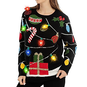 JOYIN Womens LED Light Up String Light Ugly Christmas Sweater Built-in Light Bulbs (X-Large, Black)
