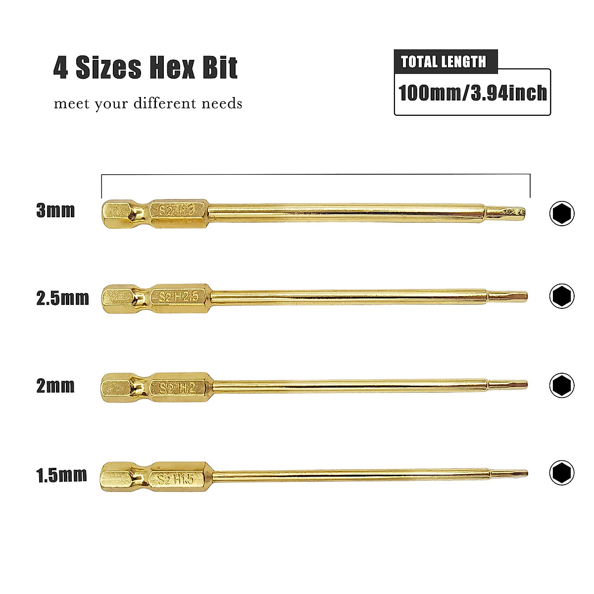 HOPLEX RC Hex Bit Set 1.5 2.0 2.5 3.0mm Hex Head Allen Wrench S2 Steel Titanium Hexagon Screwdriver Tool Kit 1/4" Hex Shank 3.9" Long for Bit Electric Screwgun/Power Drill RC Repair Working