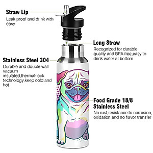 Oarencol Colorful Pug Dog Water Bottle Rainbow Animal Polka Dot Stainless Steel Vacuum Insulated with Straw Lid 20 Oz