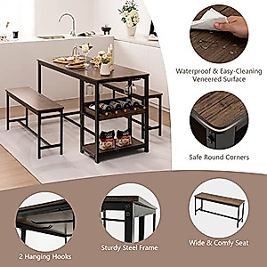 Giantex Dining Table Set for 4, 3-Piece 55” Kitchen Table Set w/ 2 Benches, Breakfast Table w/Wine Rack & Glass Holder, Space-Saving Dinette Set for Dining Room, Kitchen, Apartment (Rustic Brown)