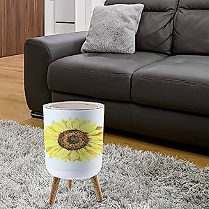 Watercolor Sunflower Inspirational Art Trash Can White Yellow Garden Round Farmhouse Garbage Bin with Lid Press Cover Wastebasket for Bedroom Kitchen Living Room Dorm 7L/1.8 Gallon