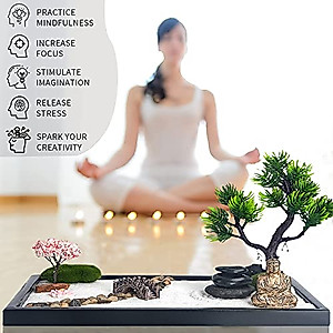 Mindful Gem Zen Garden for Desk, Positive Affirmations Cards, Bonsai Tree, Buddha Statue and Zen Garden Accessories - Home and Office Meditation Decor - Zen Gifts