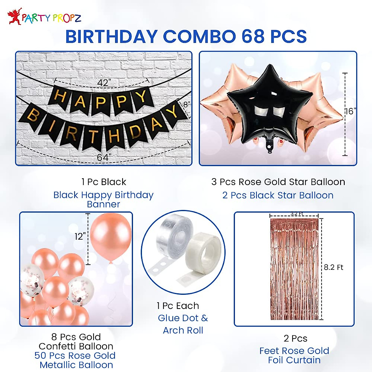 Party Propz Rubber Birthday Decorations Combo Banner With Confetti Balloons, Star Foil Balloons, Foil Curtain 1st 18Th 21st 25Th 50Th 60Th 30Th Decorations Rose Gold Decoration 68Pcs