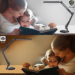 TROPICALTREE LED Desk Lamp with Clamp and Round Base,Eye Caring Table Lamp with Swing Arm,3 Color Modes 10 Brightness Levels,Memory Function, Desk Light for Home Office with USB Adapter Black-14W