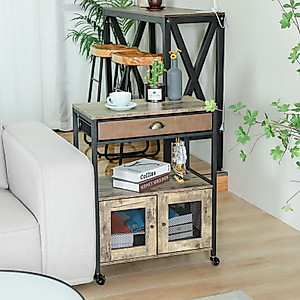 X-cosrack Printer Stand with Storage Cabinet, 3 Tiers End Table with Drawer and Doors, Movable Printer Table on Wheels for File Organization, Scanner, Fax Machine, in Home, Office, Retro Style