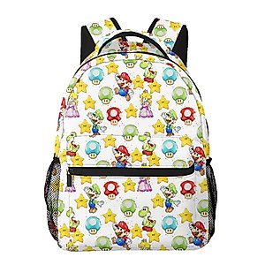 Dibhhui Teen 15.7Inch Cartoon Bros Backpack Lightweight Travel Casual Daypack 3D Printed Gaming Allover Character Bookbag Adjustable Shoulder Bag for Boys Girls Gift(White)