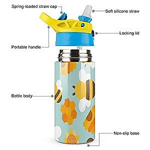 Thermos Cup 500Ml Bee Flower Insulated Water Bottle With Straw For Sports And Travel 7.5x2.7 in