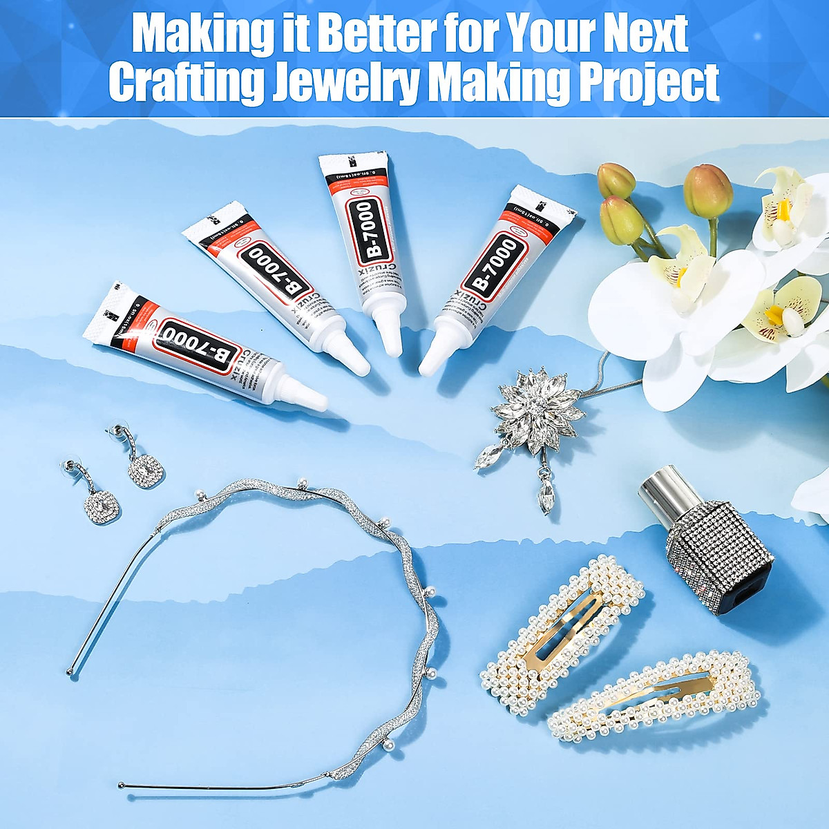 B-7000 Glue Clear for Rhinestone Crafts, Jewelry and Bead Adhesive B7000 Semi Fluid High Viscosity Glues for Clothes Shoes Fabric Cell Phones Screen Repair Metal Stone Nail Art Glass (4x15 ml/0.5 oz)