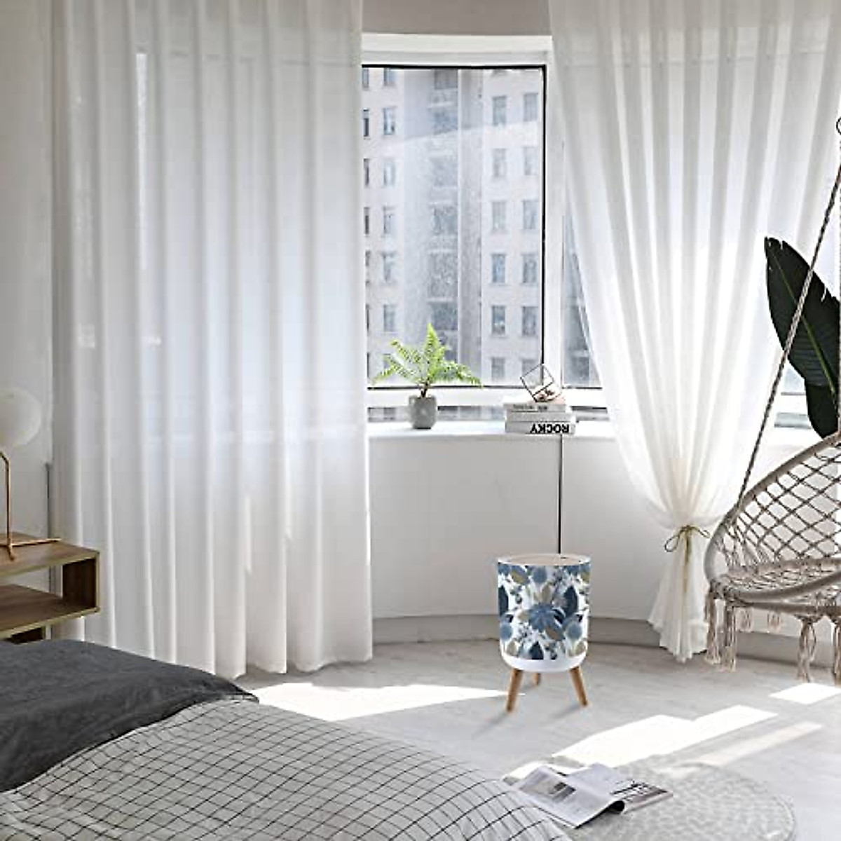 Small Trash Can with Lid floral seamless Flower Seamless with blue cornflowers dahlias thistles Garbage Bin Wood Waste Bin Press Cover Round Wastebasket for Bathroom Bedroom Diaper Office Kitchen