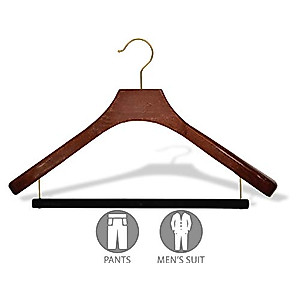 Deluxe Wooden Suit Hanger with Velvet Bar, Walnut Finish & Brass Swivel Hook, Large 2 Inch Wide Contoured Coat & Jacket Hangers (Set of 12) by The Great American Hanger Company