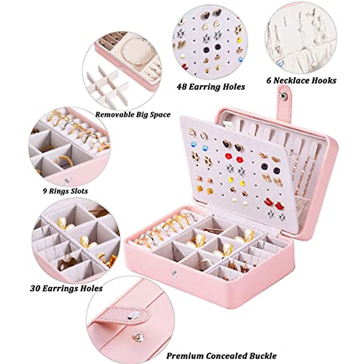QBestry Travel Jewelry Organizer for Women Girls Stud Earring Organizer, Travel Jewelry Case Earring Jewelry Box for Girls Mini Earring Box Holder Storage Case Organizer for Necklace Rings, Light Pink