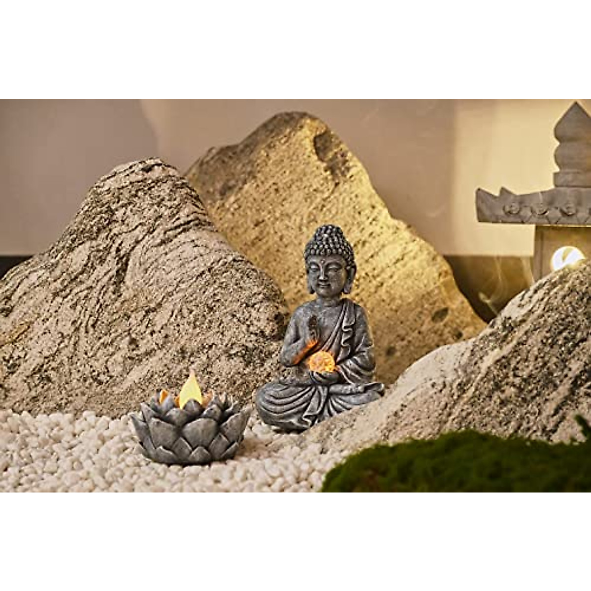 TERESA'S COLLECTIONS Meditating Buddha Statue and Lotus Lantern Garden Statue with Solar Lights, Set of 2 Rustic Buddha Outdoor Statue Spiritual Zen Garden Decor for Patio Porch Yard Decorations