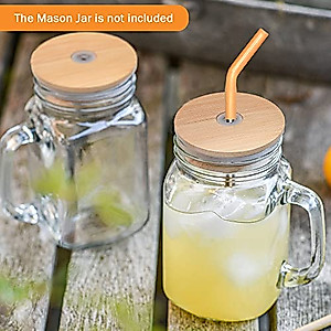 Augosta 10 Pack Bamboo lids for beer can glass, 70 mm Bamboo Mason Jar Lids with Straw Hole Compatible, Free 10 Stainless Steel Straw with Colored silicone plug, 2 Cleaning Brush and Bag for Drinking