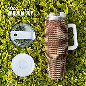 Cupcupmore 40oz Copper Bling Rhinestone Stainless Steel Sippy Tumbler Glitter Vacuum Insulated Water Bottle with Straw & Lid &Handle,Thermos for Hot & Cold Drinks,Car Cup Holder,Coffee