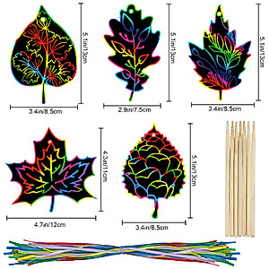 50 Pcs Scratch Art for Kids Fall Leaves, Fall Crafts for Kids Rainbow Scratch Paper for DIY Craft Autumn Decoration DIY Crafts Halloween Thanksgiving Gift