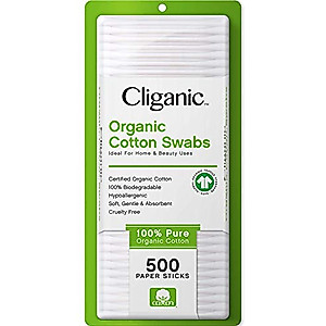 Cliganic Organic Cotton Swabs, 500 Count - 100% Pure Natural Cotton, Chlorine-Free Hypoallergenic, Soft, Gentle & Absorbent Buds