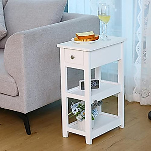 SEJOV End Table, 3-Tier White Nightstand with Drawer and 2 Shelves, Wood Look Accent Narrow Side Tables Living Room Bed Room Office, White