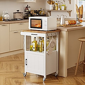 Qsun Rolling Kitchen Island Cart with Drawer, Storage on Wheels, Small Home Coffee Bar, Microwaves Stand, Table/Cabinet and Side Hook, White