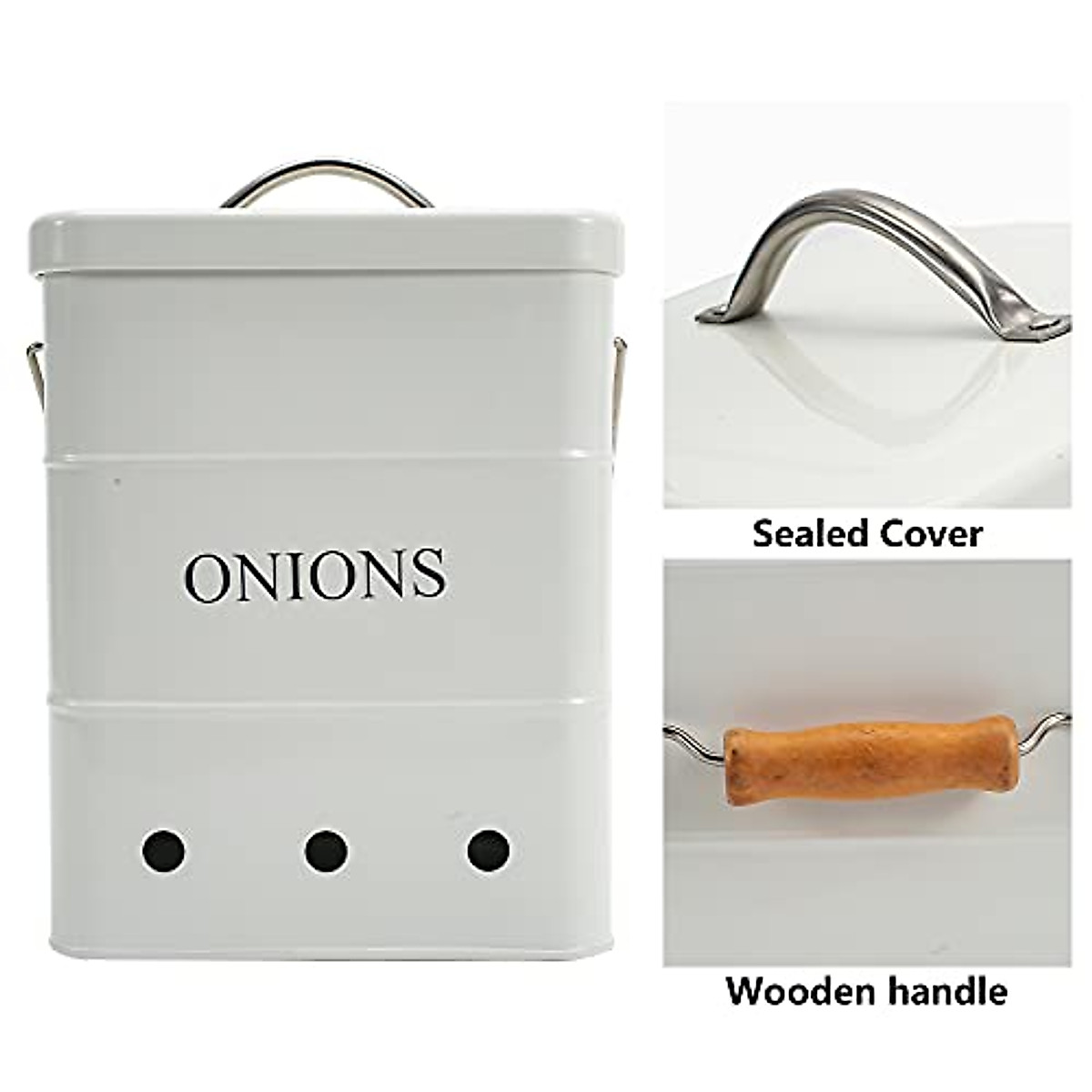 Gdfjiy Onion Storage Bin, Kitchen Storage Canister,Kitchen Pantry Organizer Tin With Airtight Lid & Handles, Vegetable Fresh Keeper with Aerating Tin Storage Holes (White)