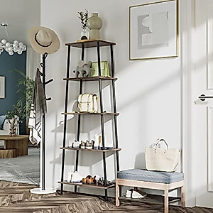 MXARLTR 5 Tiered Bookshelf, Ladder Shelf Etagere Bookcase, Wood and Metal Ladder Bookshelf, Display Freestanding Open Storage Rack for Living Room Bedroom Bathroom Kitchen Office, Gray Oak