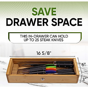 Kid Safe In-Drawer Bamboo Sharp Knives Holder & Organizer. (Knives Not Included). Multi Purpose Lock Box. Only 5.5 Inches Wide. Holds up tp 25 Knives. Best Knife Block Alternative!
