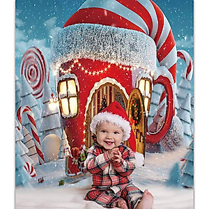 Funnytree 5x7ft Vinyl Christmas Candy Cup House Photography Backdrop Snow Pine Tree Red and White Stripes Background Children Newborn Baby Portrait Photo Studio Photobooth Props