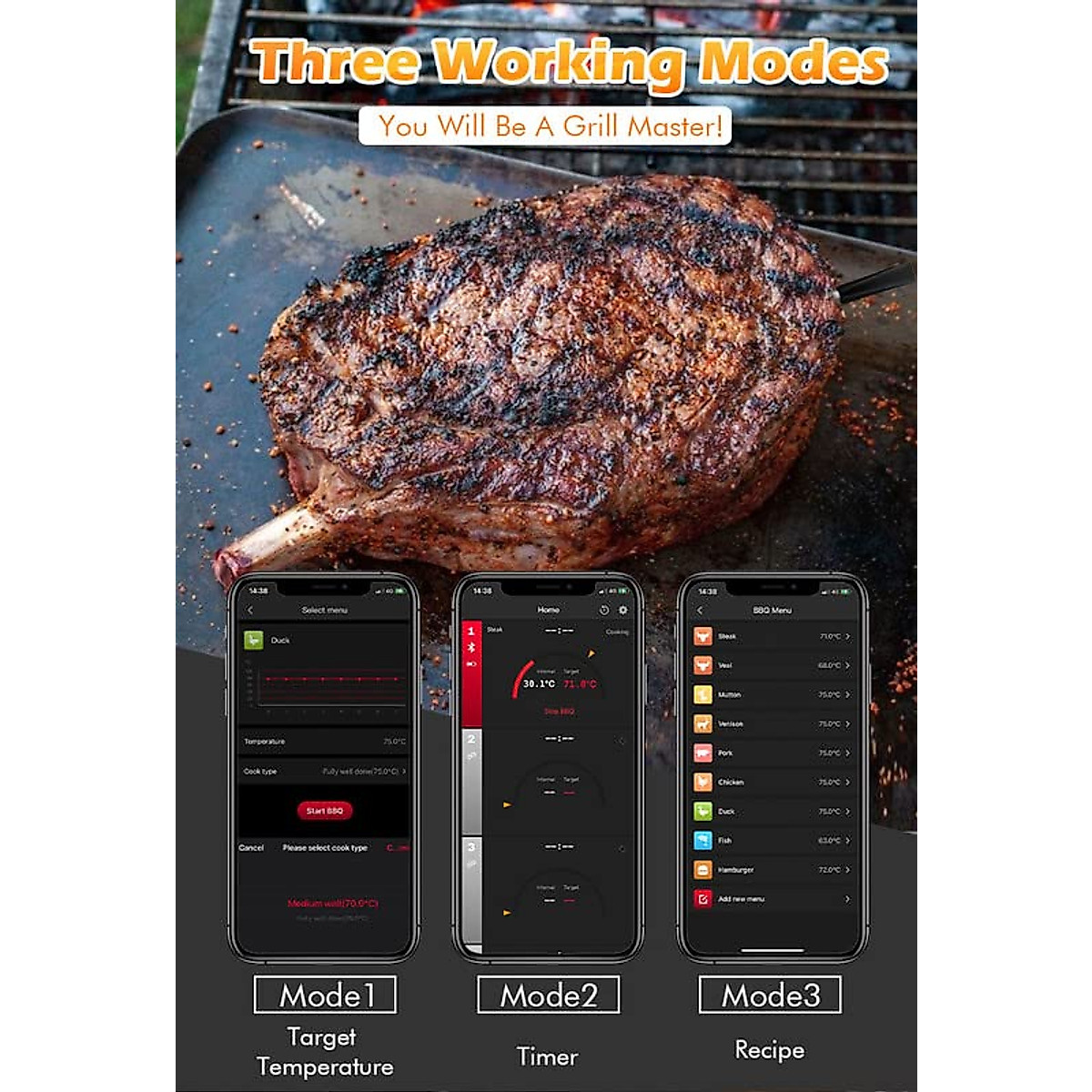 Wireless Meat Thermometer Wireless with Bluetooth, 165ft Long Range Meat&Food Thermometer, Meat Thermometers for Oven, Grilling, Cooking, Smokers, BBQ